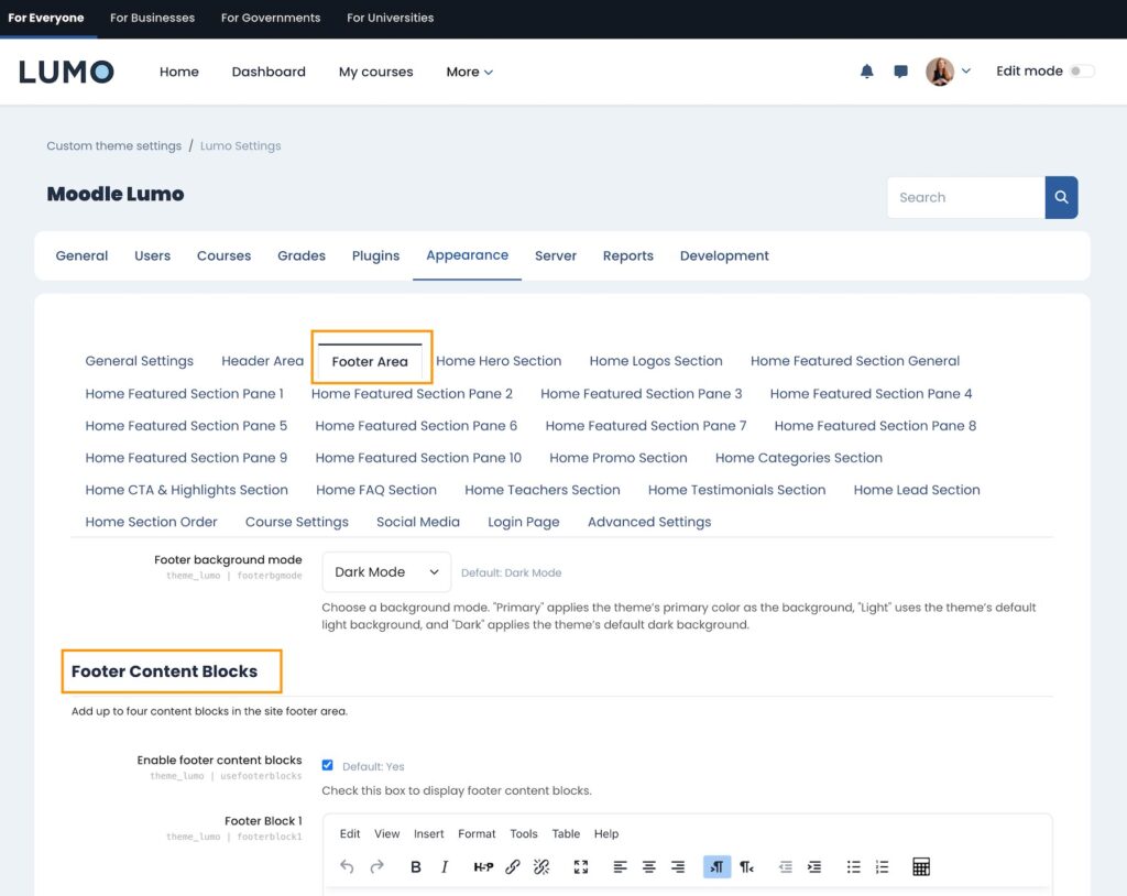 How to Add Footer Menus in Lumo Moodle Theme