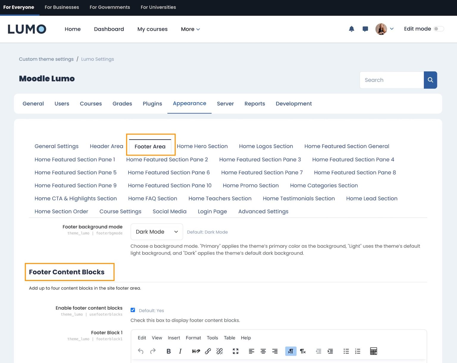 How to Add Footer Menus in Lumo Moodle Theme