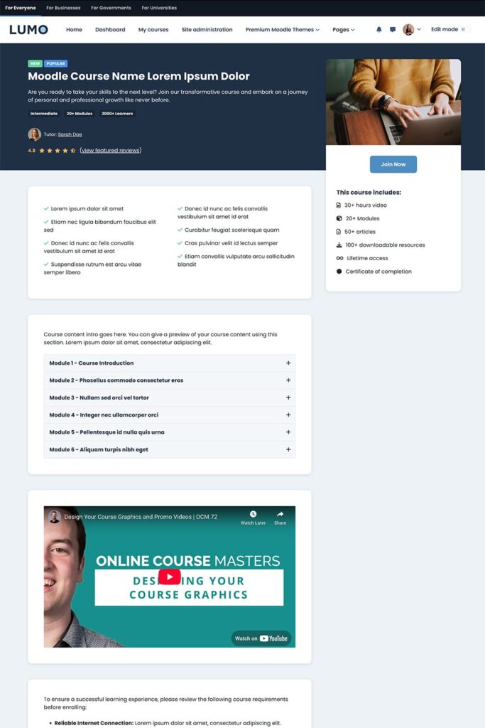Lumo – Modern Moodle 5 Theme | For Universities, Businesses & Government